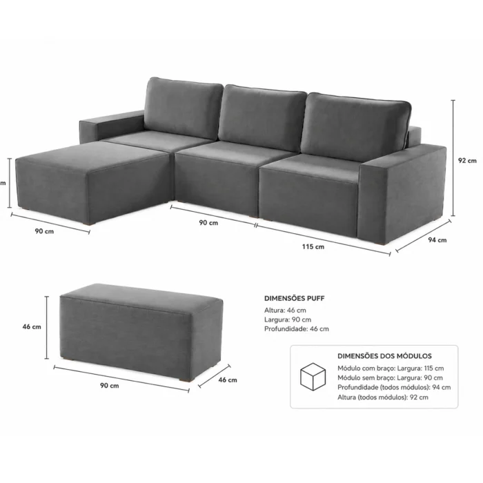 Sofá Modular Lecanton em Linho 4 Peças 5 Lugares Império - Castelo dos ...